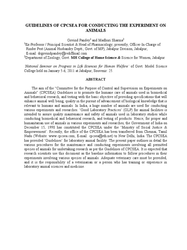 Guidelines of Cpcsea For Conducting The Experiment On Animals | PDF
