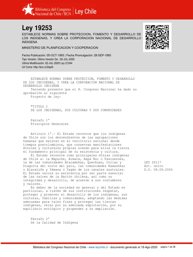 Ley 19253: Protección y Desarrollo Indígena | PDF | Propiedad | Chile