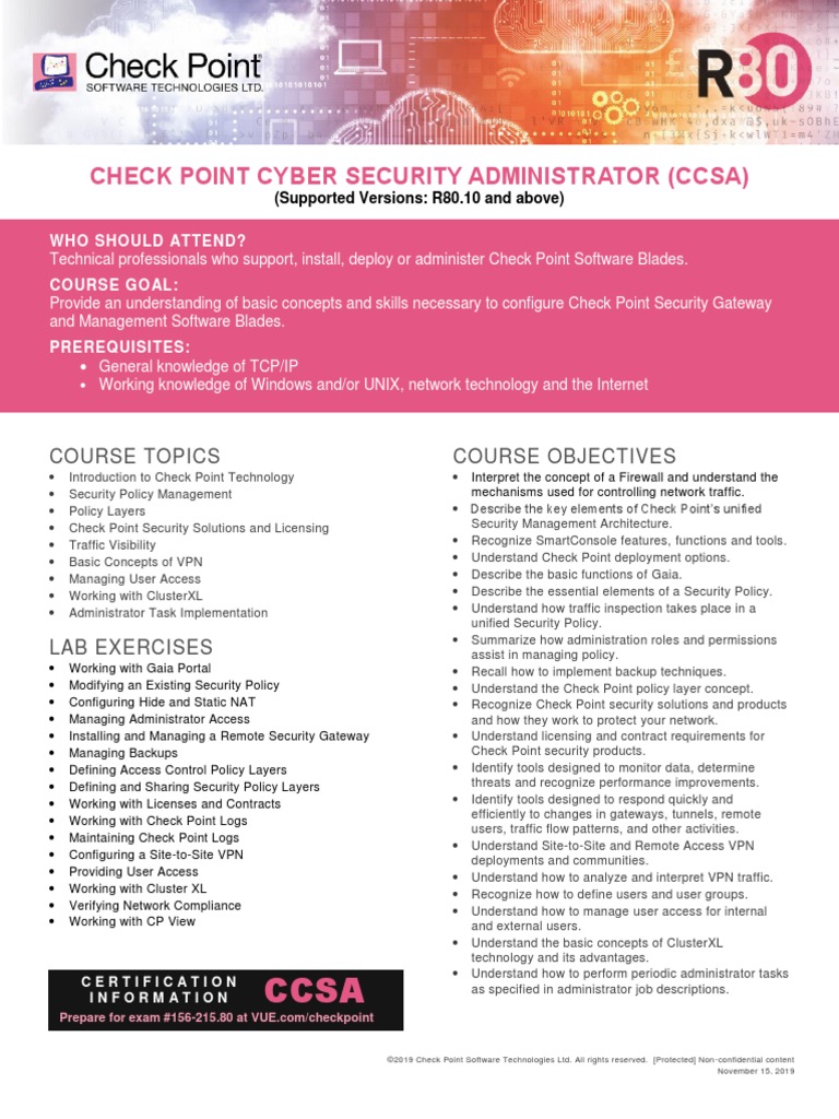 Check Point Cyber Security Administrator (Ccsa) : Course Topics Course ...