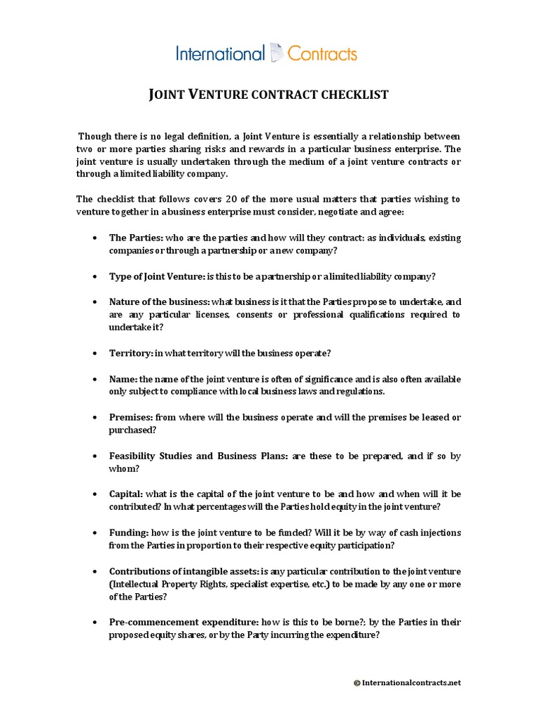 Joint Venture Contract Checklist | PDF | Joint Venture | Partnership