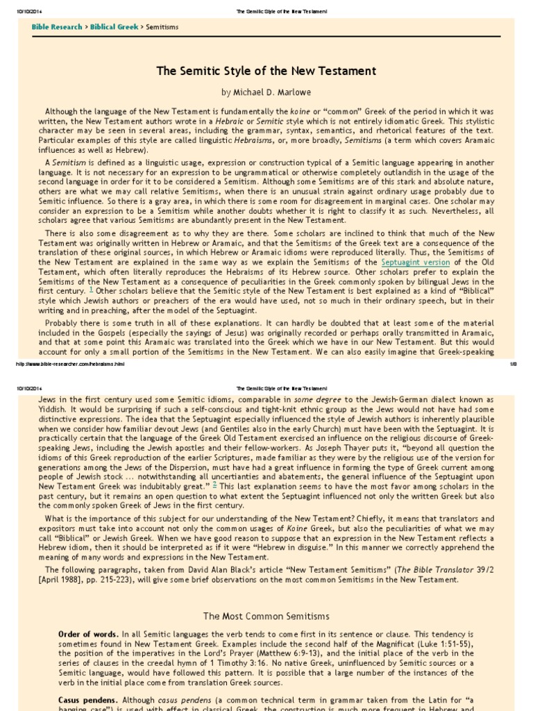 The Semitic Style of the New Testament: An Analysis of Linguistic ...