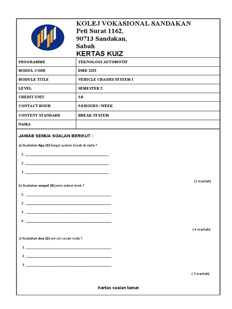 K1 KUIZ 1 Sistem Brek | PDF