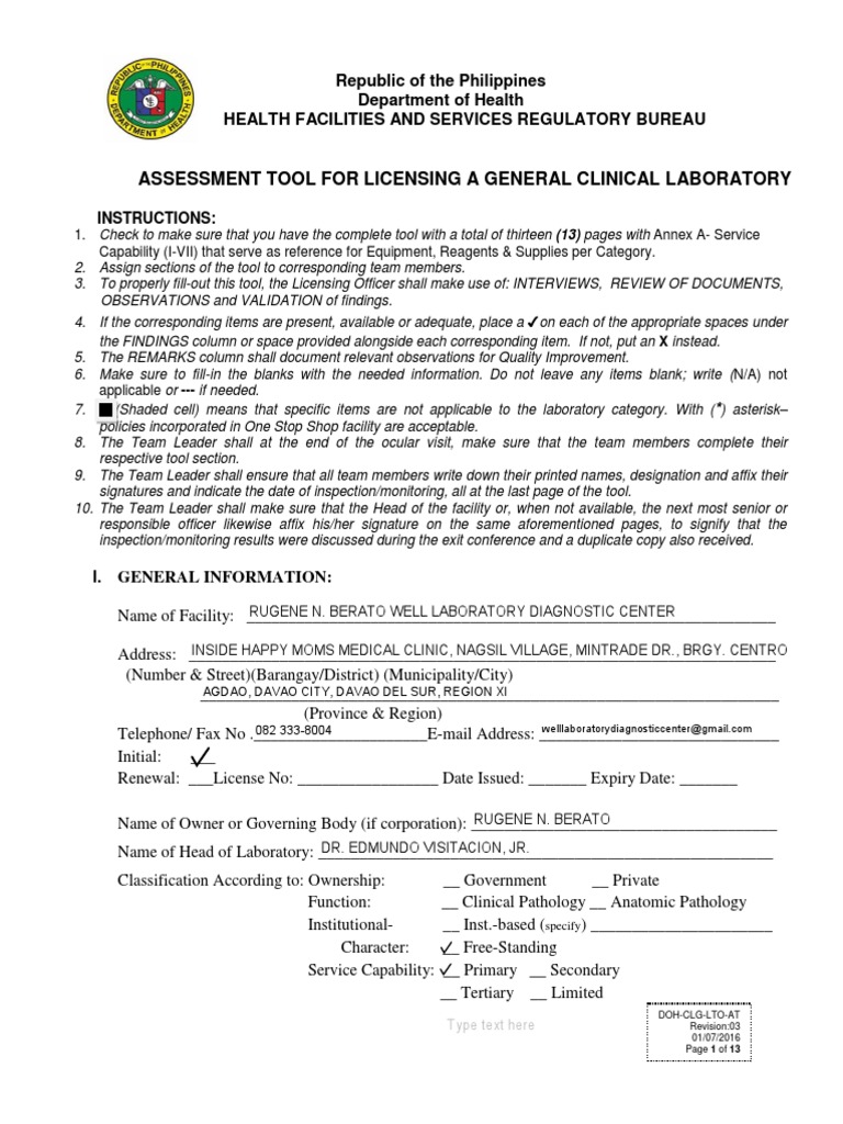 Assessment Tool For Licensing A General Clinical Laboratory | PDF ...