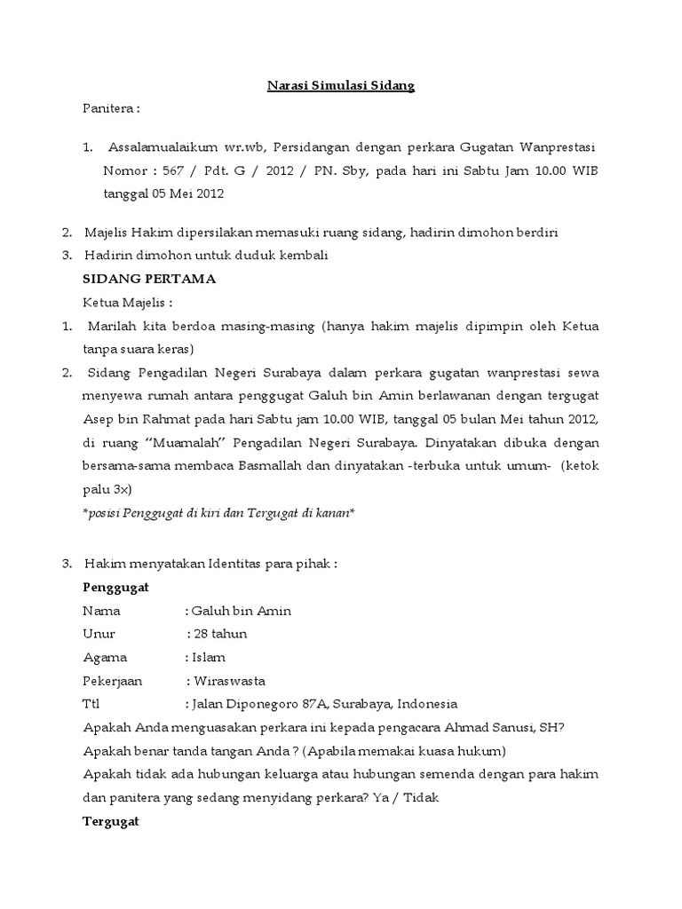 Contoh Simulasi Sidang | PDF | Hukum