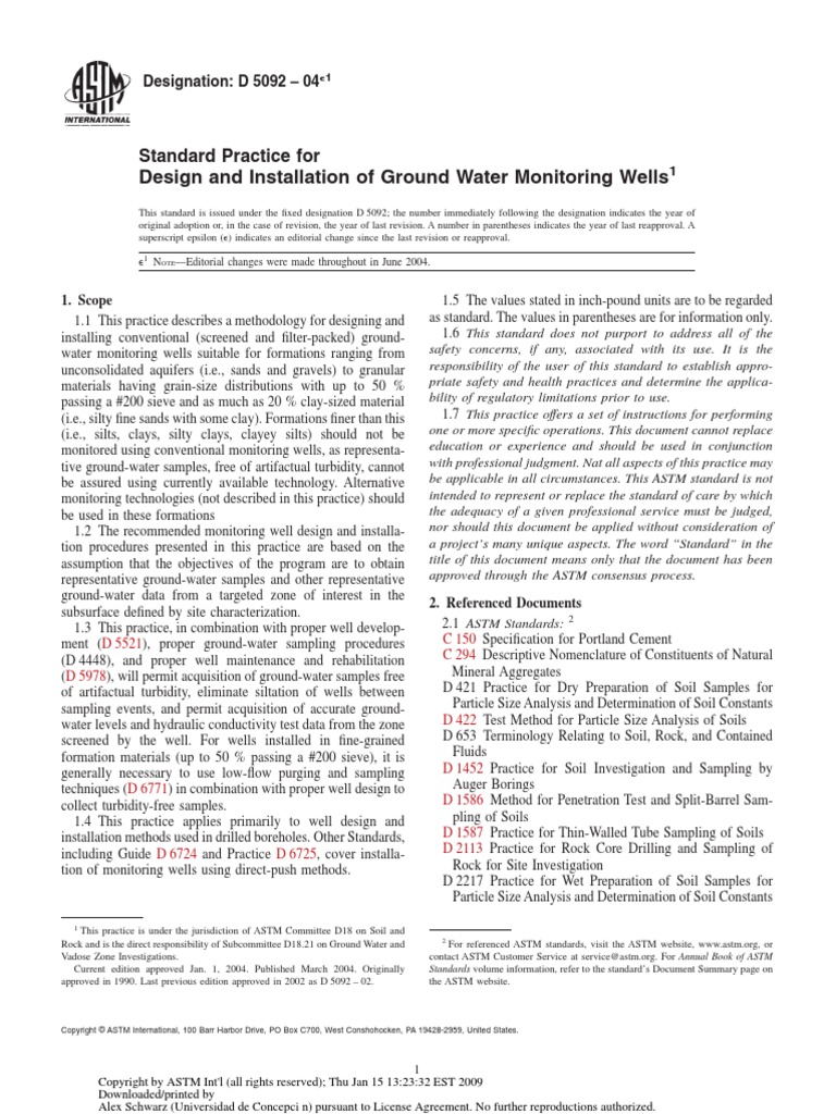 Design and Installation of Ground Water Monitoring Wells: Standard ...