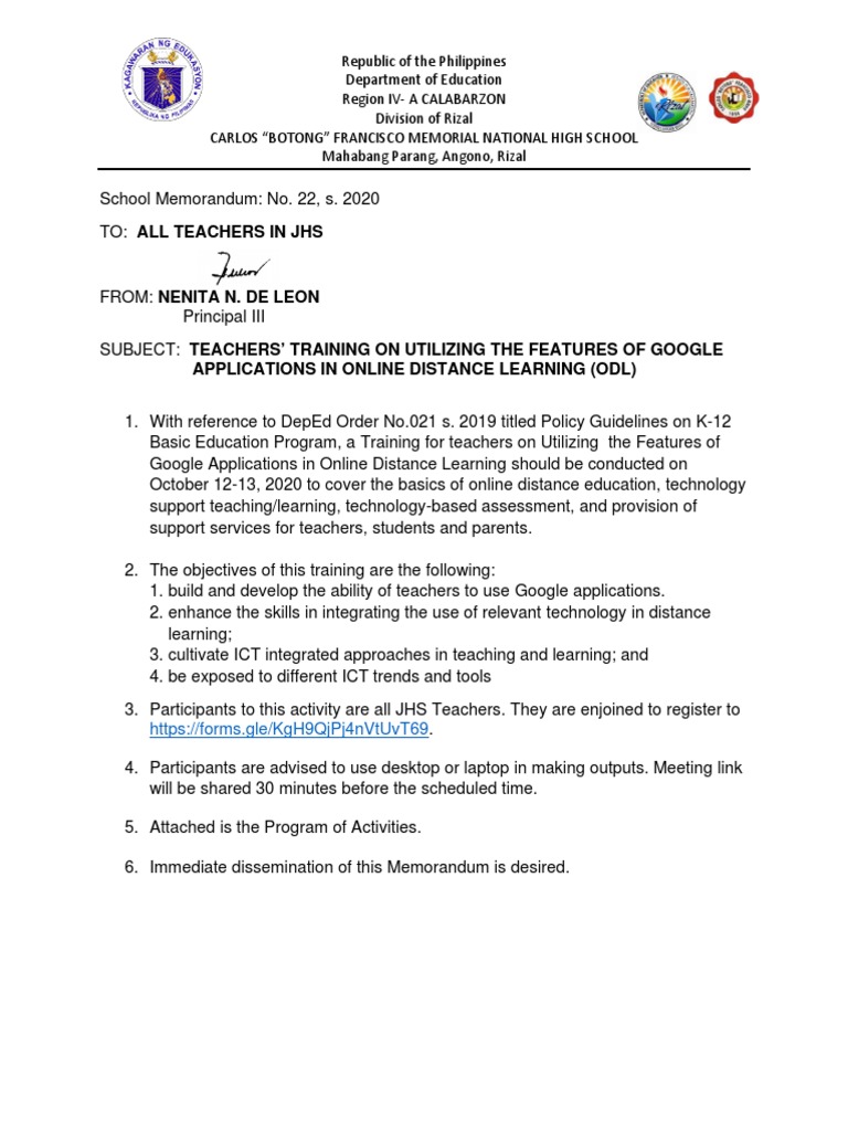 School Memorandum No.22, S. 2020 ICT Training For Teachers | PDF ...