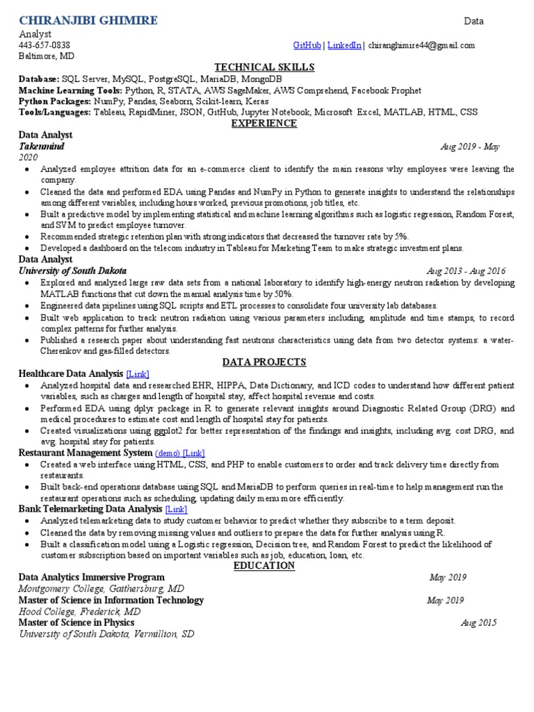 Resume Chiranjibi - DA | Download Free PDF | Data Analysis | Databases
