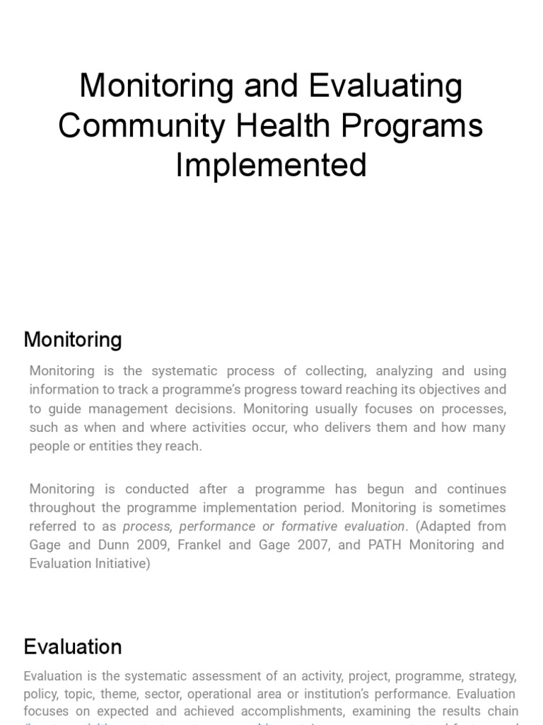 Monitoring and Evaluating Community Health Programs Implemented | PDF ...