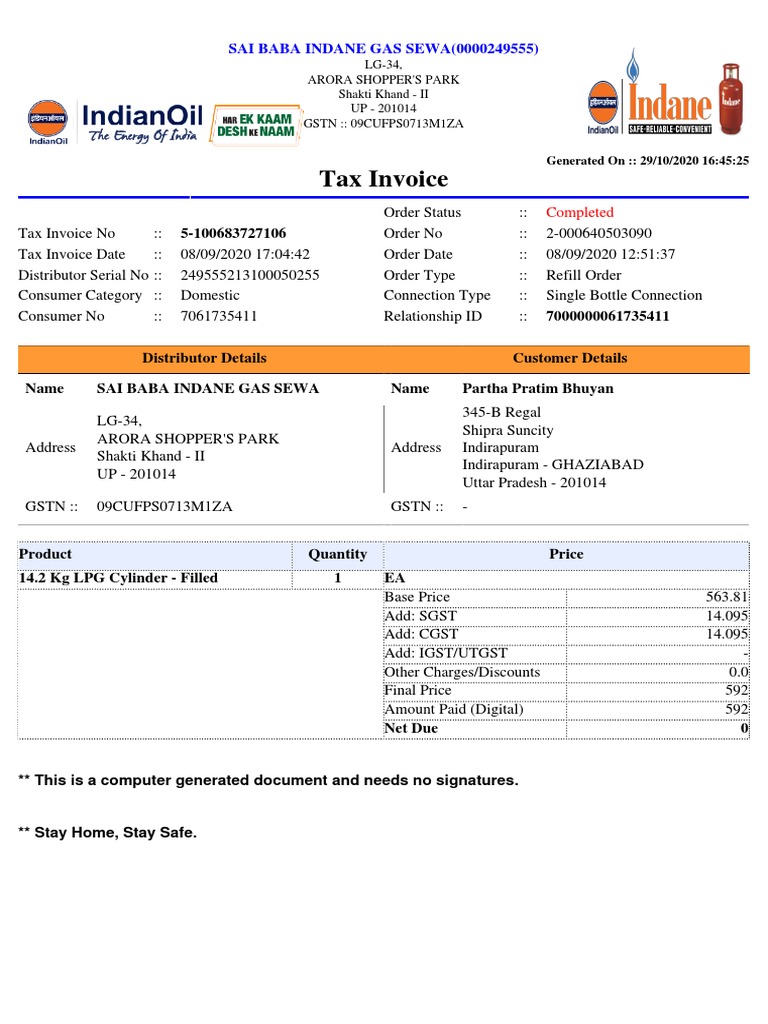 Indane Gas Refill Invoice Details | PDF | Government Finances | Payments