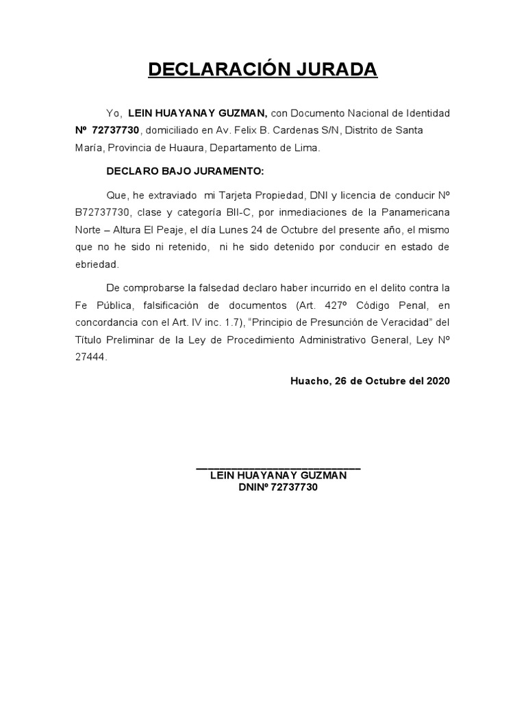 DECLARACIÓN JURADA Perdida de Tarjeta de Propiedad2020 | PDF