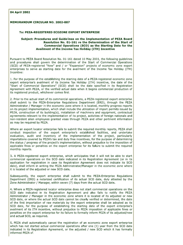 Peza Memo 02-007 PDF | PDF