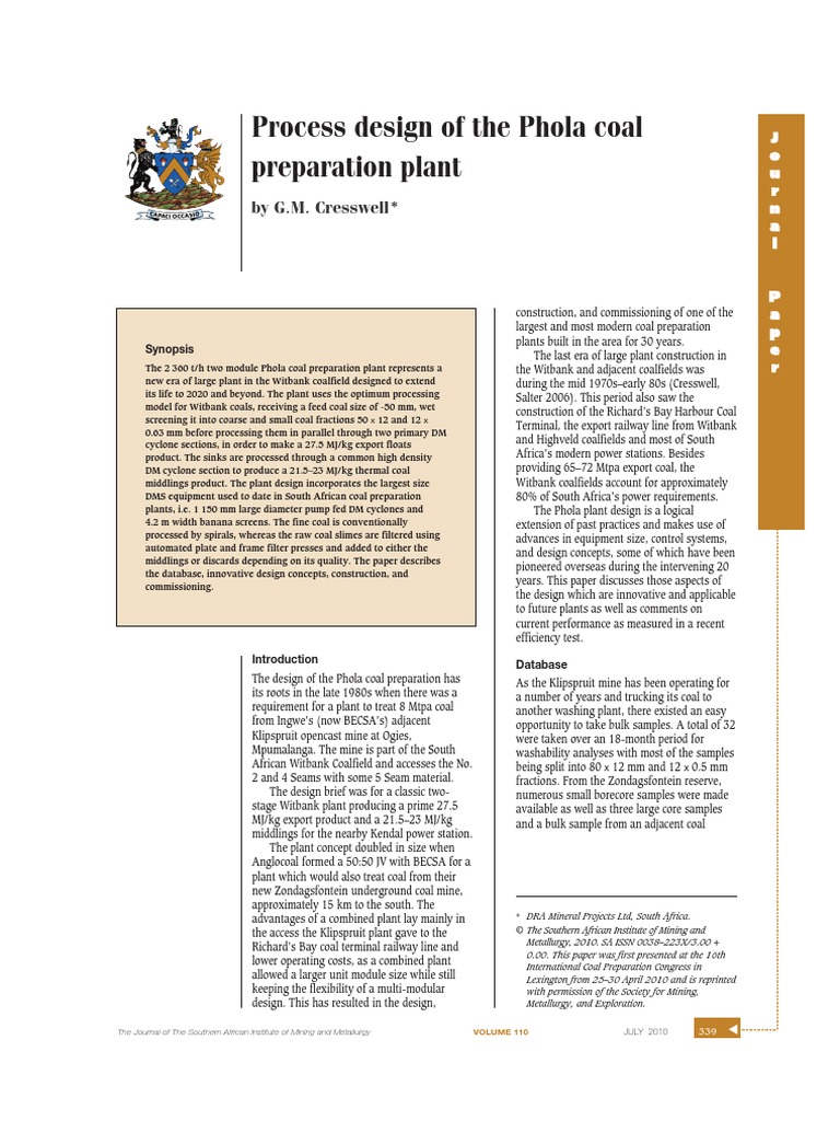 Process Design of The Phola Coal Preparation Plant: by G.M. Cresswell ...