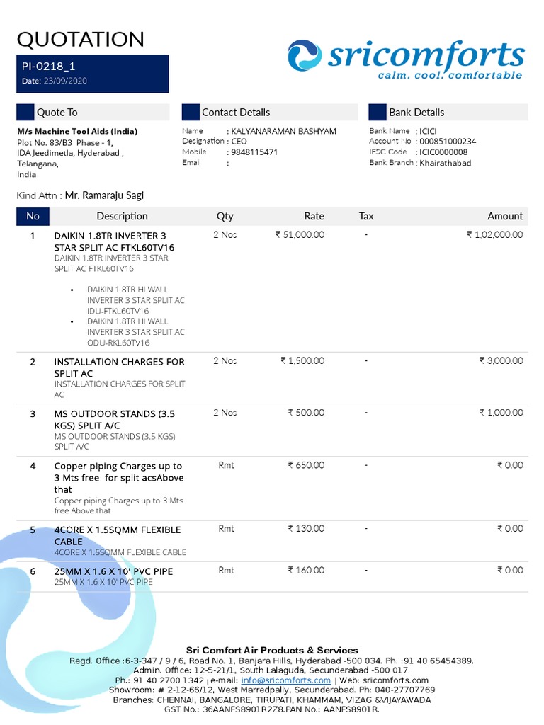 Quotation: Quote To Contact Details Bank Details | Download Free PDF ...