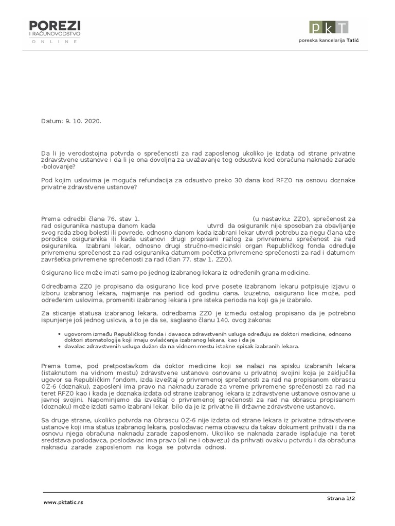 Doznaka Iz Privatne Zdravstvene Ustanove | PDF