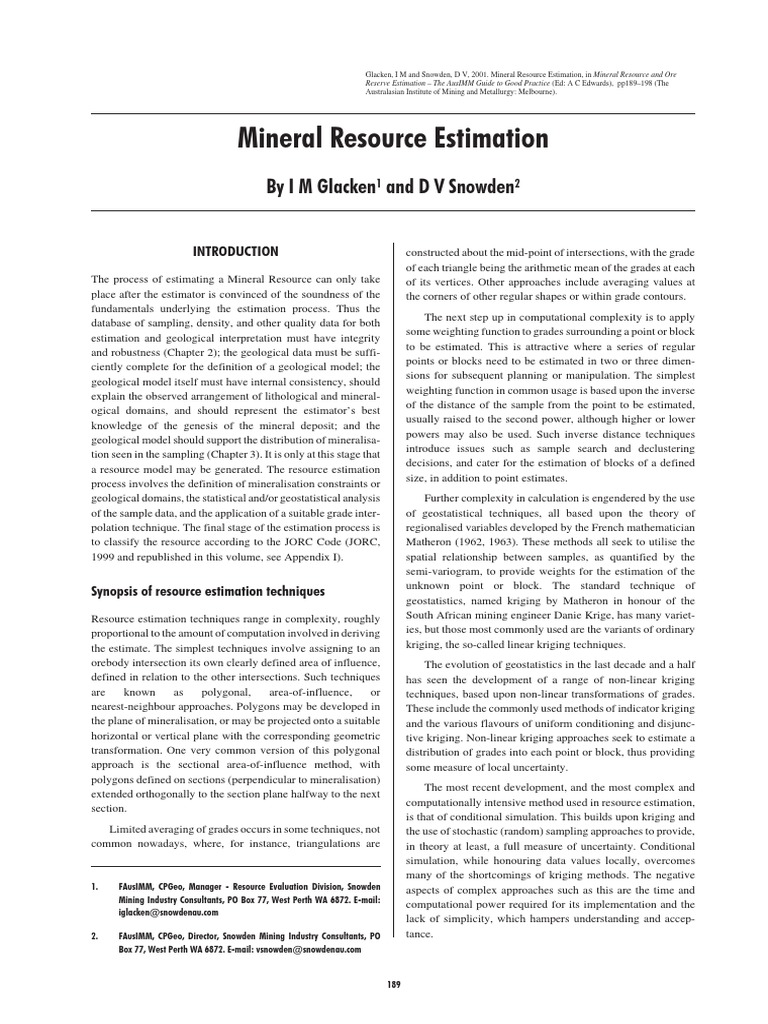 05 - Mineral Resource Estimation - I M Glacken and D V Snowden | PDF ...