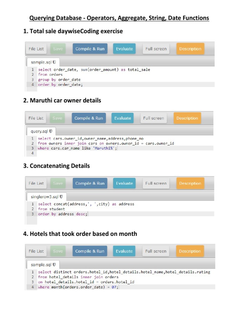 Querying Database - Operators, Aggregate, String, Date Functions 1. Total Sale Daywisecoding ...