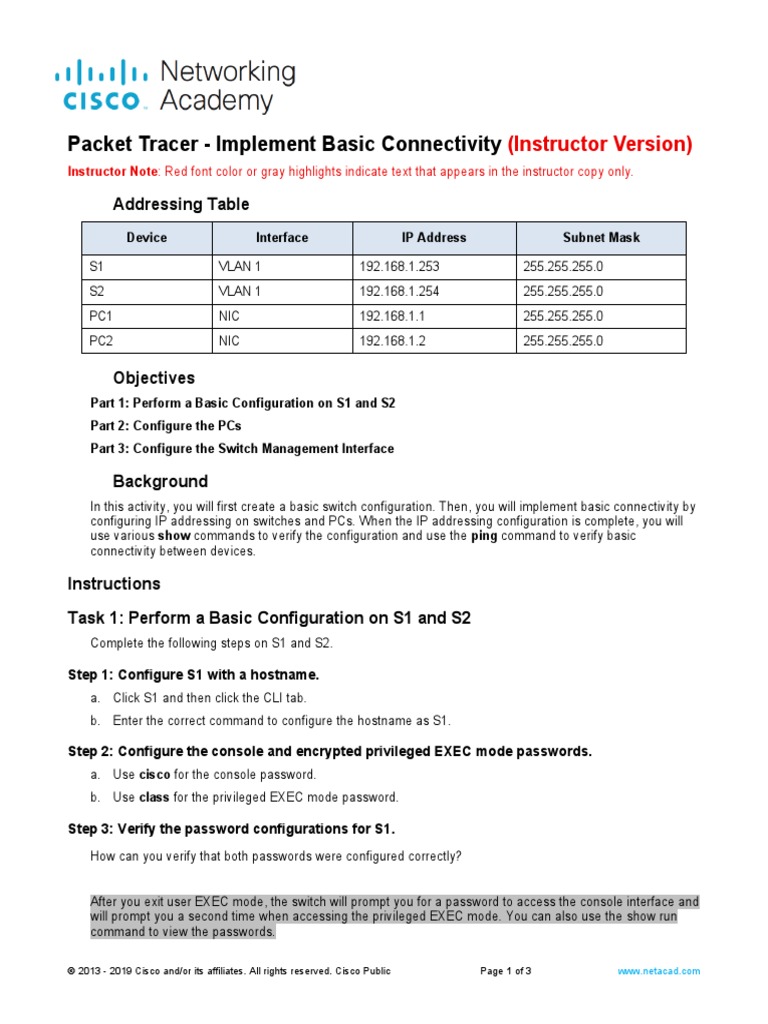 2.7.6 Packet Tracer - Implement Basic Connectivity - ILM | PDF | Ip Address | Internet Protocols