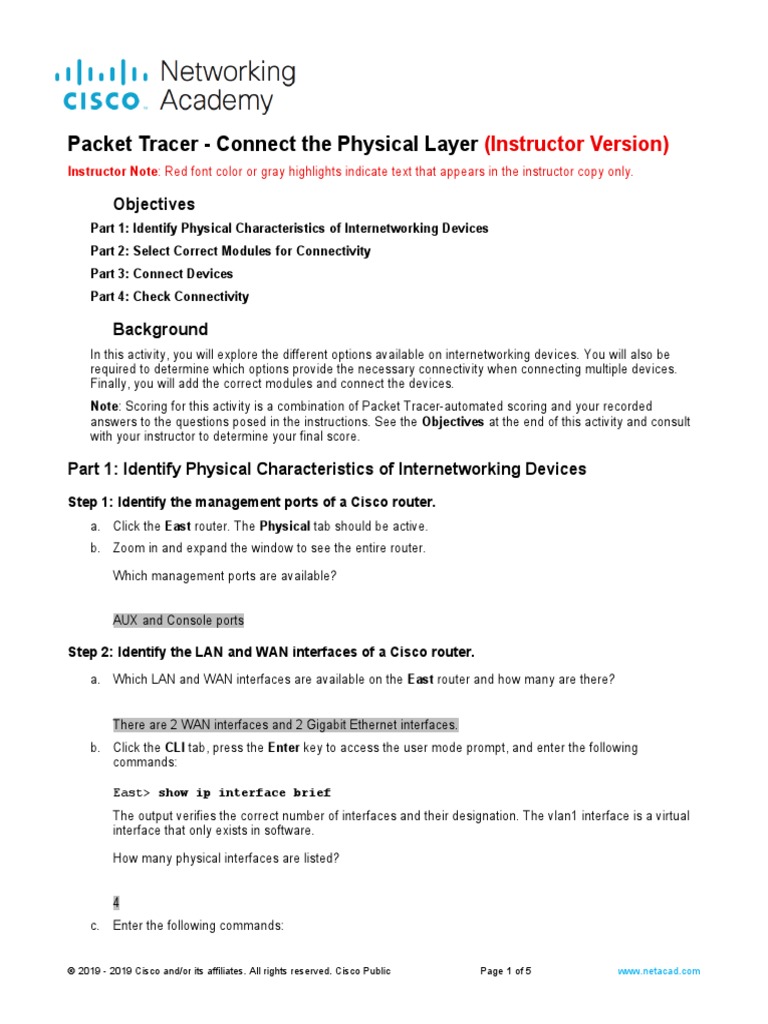 4.7.1 Packet Tracer - Connect The Physical Layer - ILM | PDF | Router (Computing) | Command Line ...