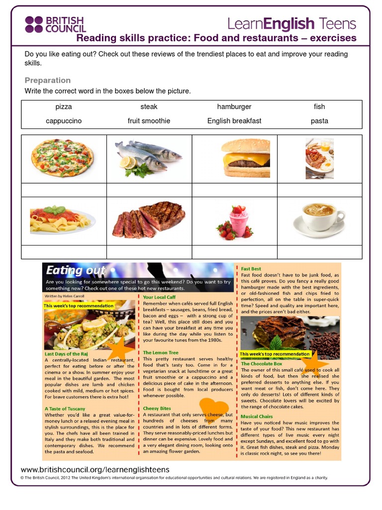 Reading Skills Practice: Food and Restaurants - Exercises: Preparation ...