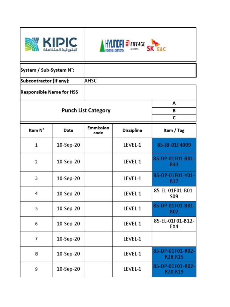 Punch List Category: System / Sub-System N°: Subcontractor (If Any ...