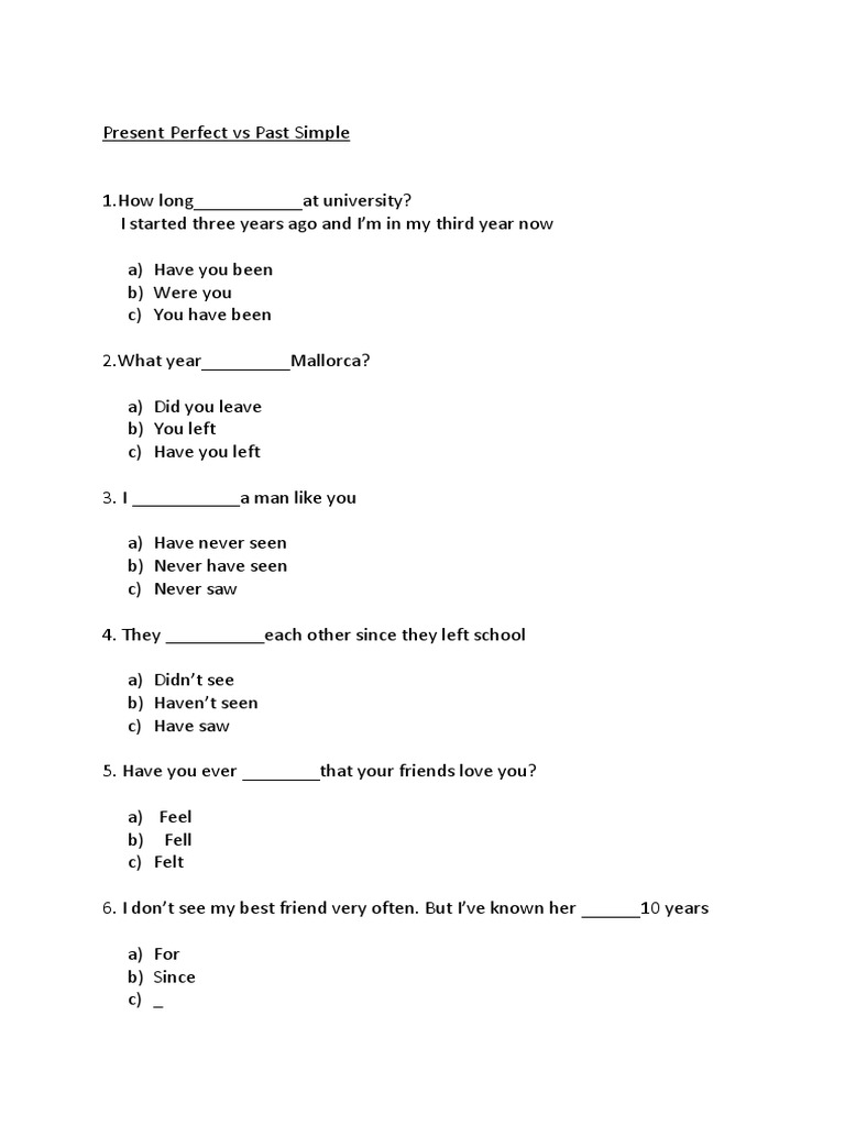 Present Perfect Vs Past Simple Test | PDF