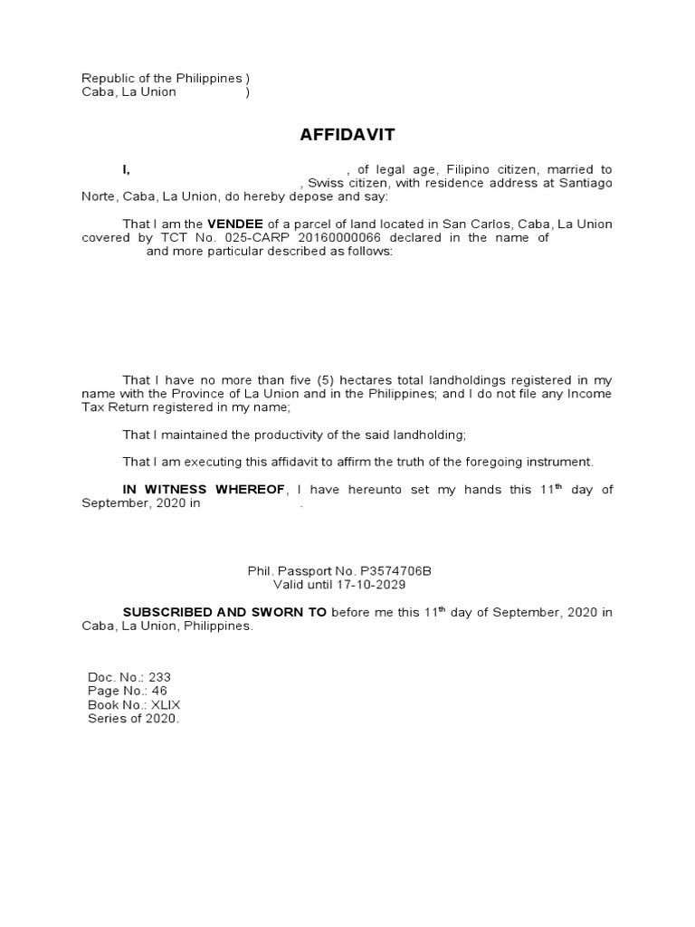 Land Affidavit for La Union Property | PDF