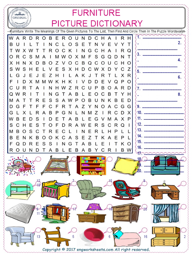 Furniture Wordsearch Puzzle | PDF | Bed | Chair