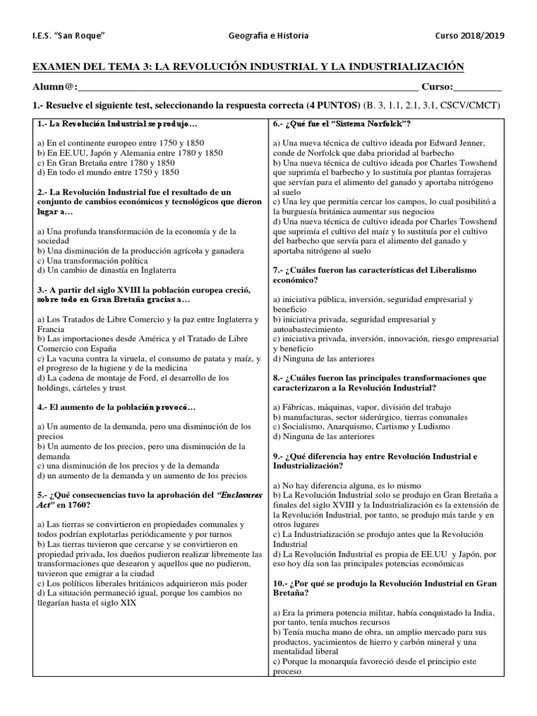 Examen Del Tema 3 | PDF | Revolución industrial | Industrias