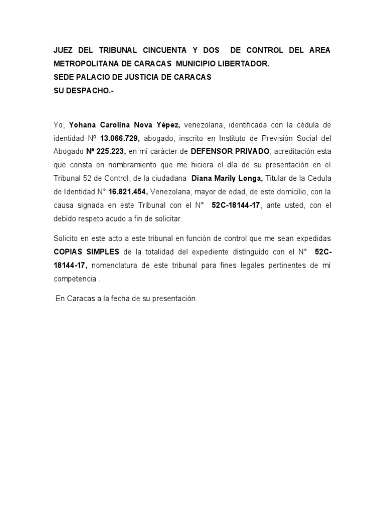 Escrito Solicitud Al Tribunal De Copias Simple O Certificadas Pdf