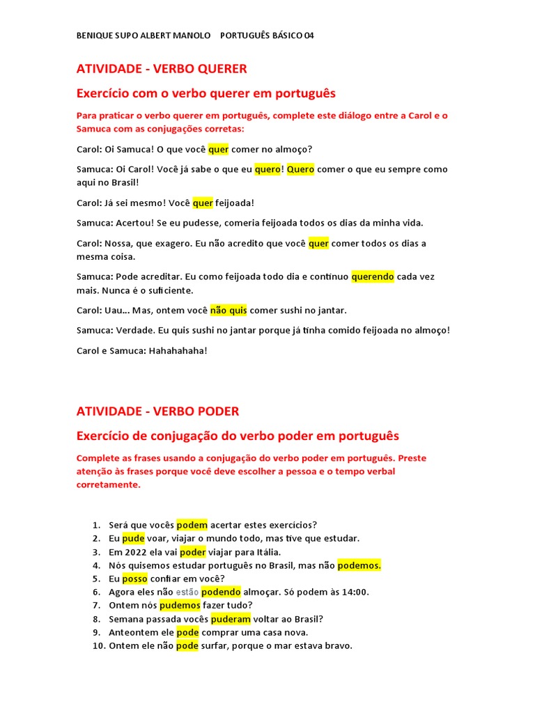 Prática com verbos em português: querer, poder e dar | PDF | Portugal | Restaurante e catering