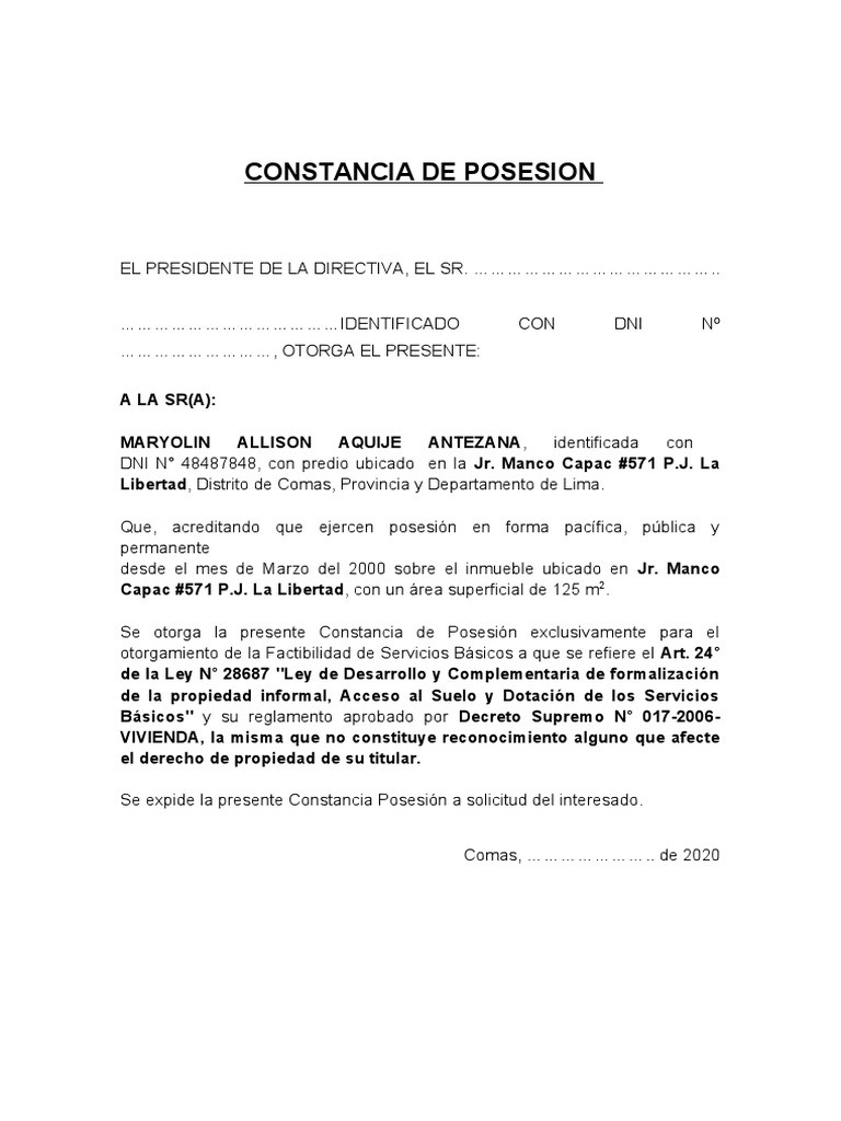 Constancia de Posesion | PDF