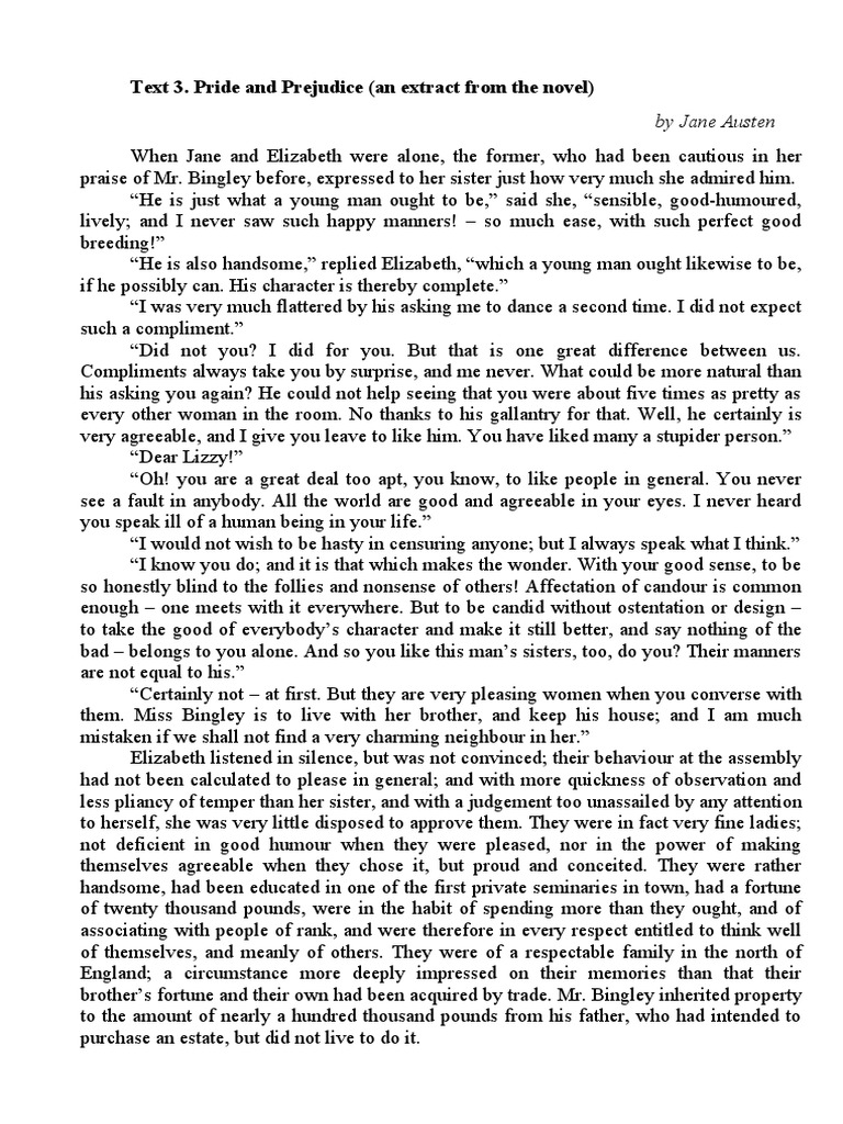 By Jane Austen: Text 3. Pride and Prejudice (An Extract From The Novel ...