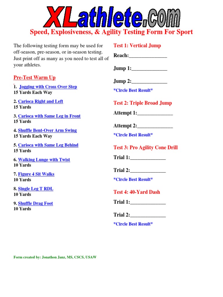 Speed and Agility Testing Form | PDF