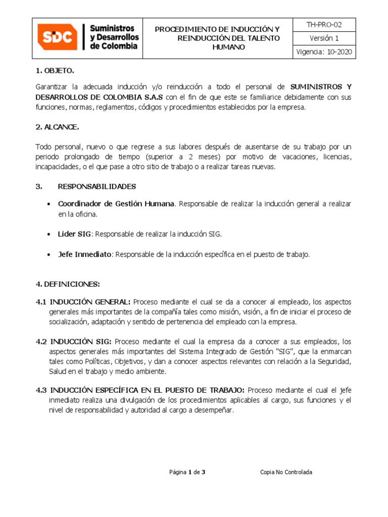 Procedimiento de Induccion y Reinducción Del Talento Humano | Descargar gratis PDF ...