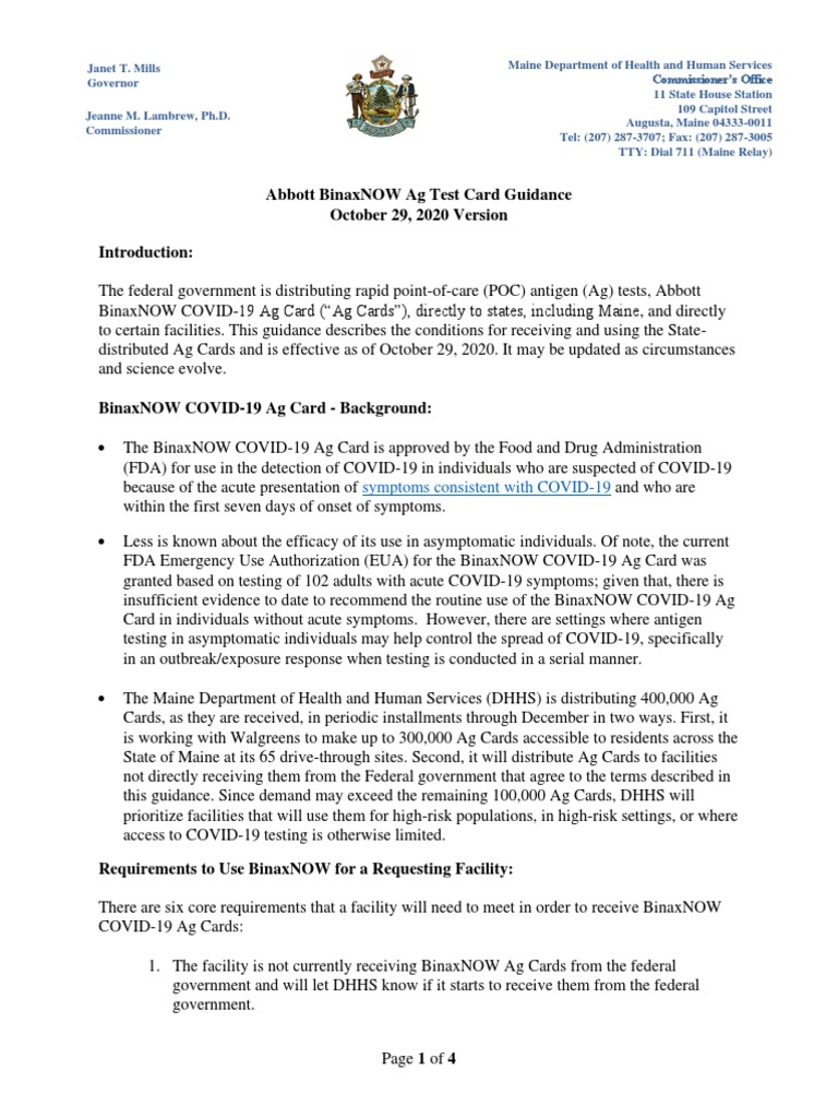 Abbott Binaxnow Ag Test Card Guidance October 29, 2020 Version | PDF ...