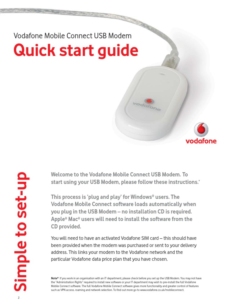 Quick Start Guide: Vodafone Mobile Connect USB Modem | PDF