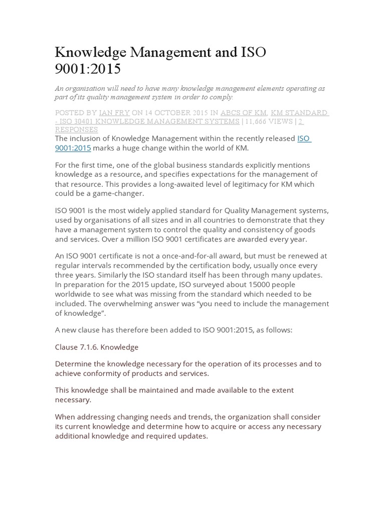 Knowledge Management in ISO 9001:2015 | PDF | Iso 9000 | Evidence Based ...