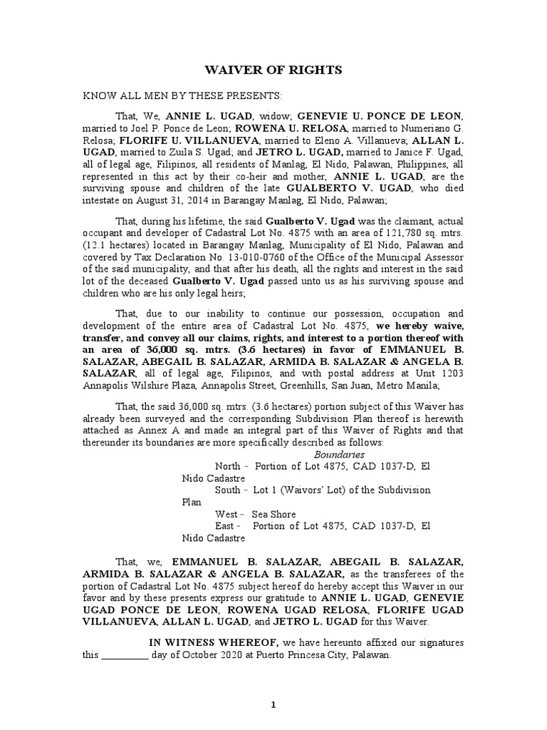 Waiver of Rights: Boundaries | Download Free PDF | Document | Civil Law ...