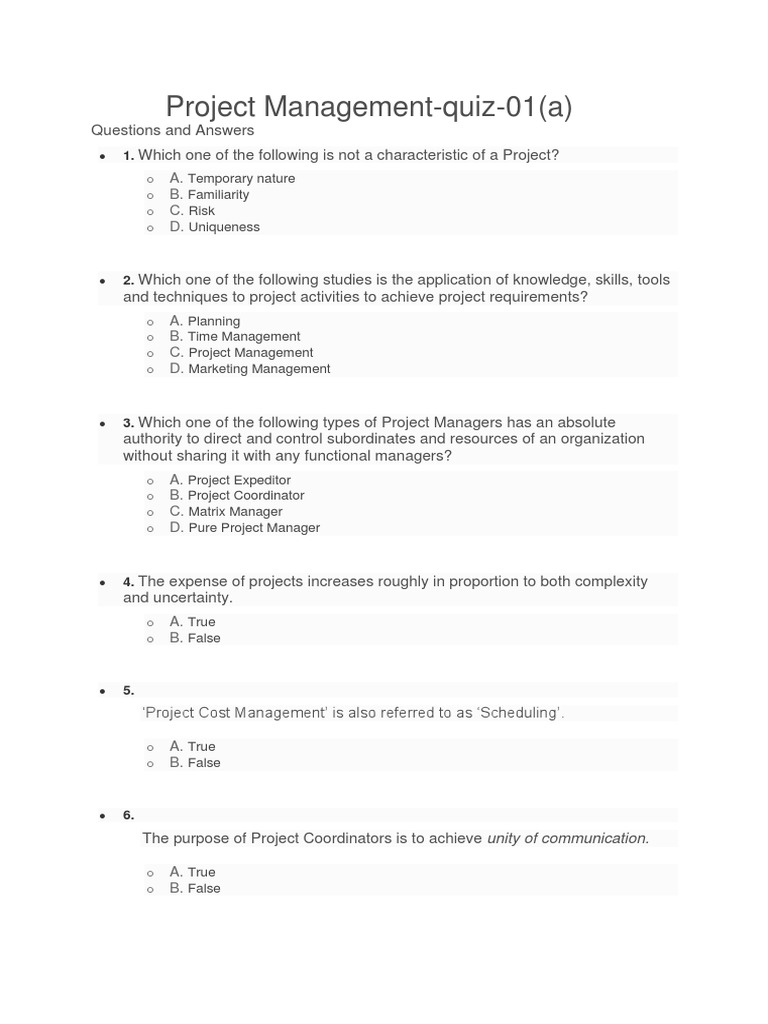 Project Management-Quiz-01 (A) | PDF | Career & Growth | Business
