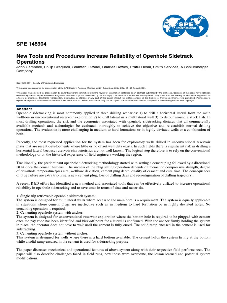 SPE-148904-MS Open Hole Sidetrack | PDF | Oil Well | Cement