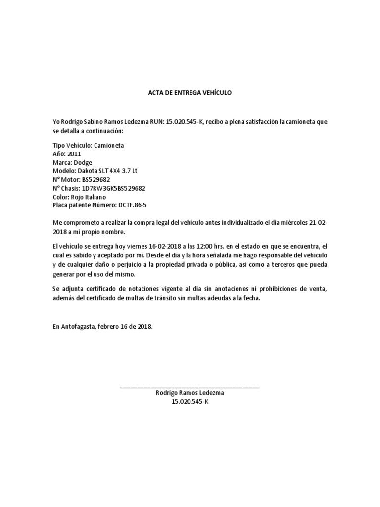 Acta de Entrega Vehículo PDF | PDF
