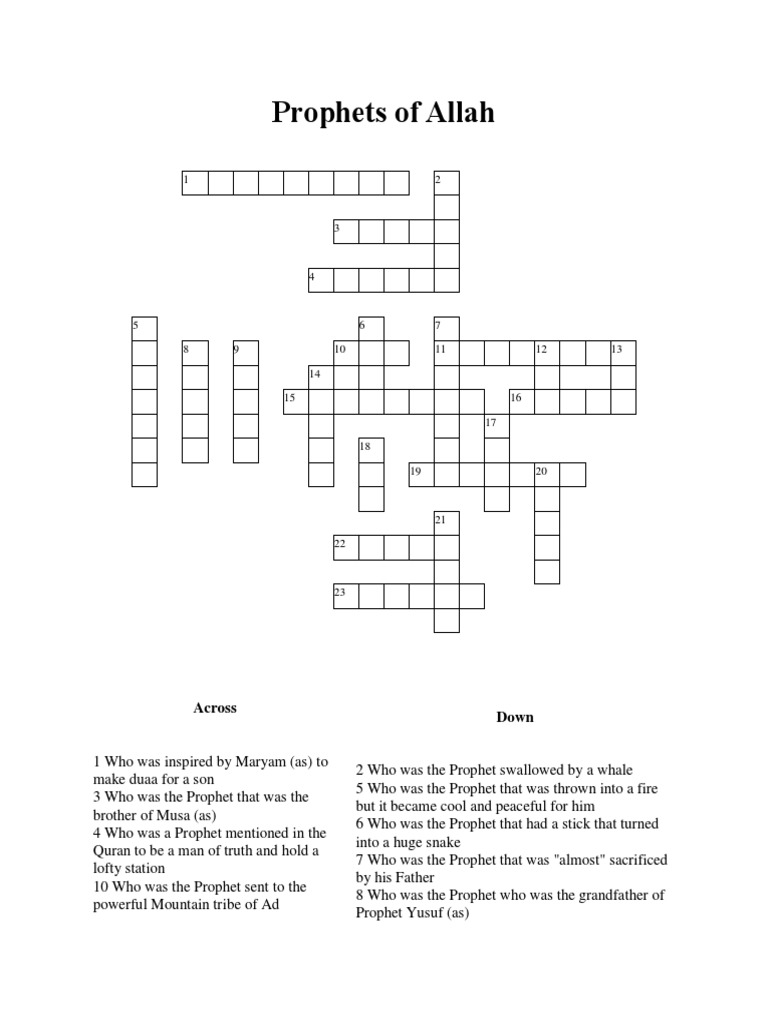 Crossword of Allah's Prophets | PDF | Prophets And Messengers In Islam ...