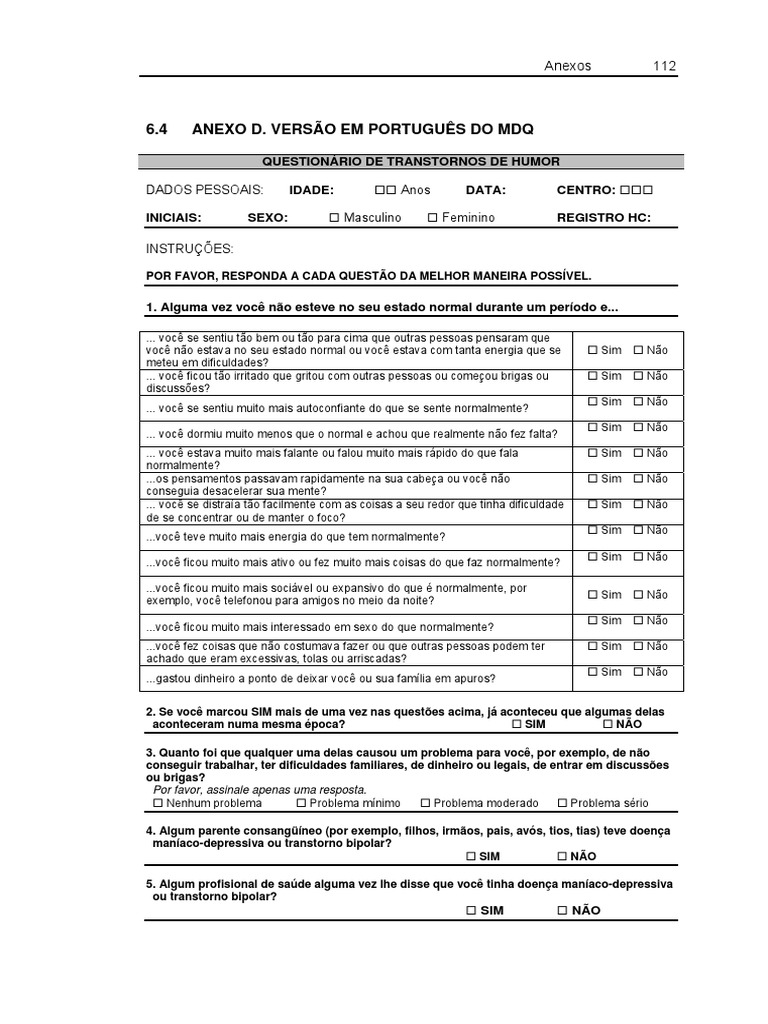 MDQ - Mania | PDF | Transtorno bipolar | Distúrbio mental