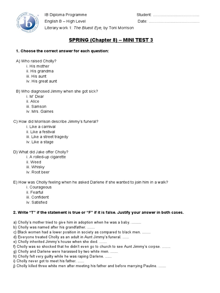 The Bluest Eye - Spring, Chapter 8 Mini Test 3 | PDF