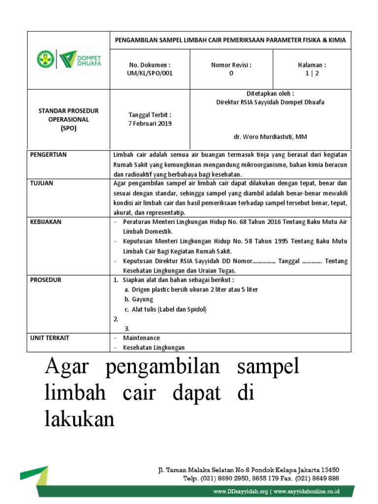 Standar Prosedur Pengambilan Sampel Limbah Cair Rumah Sakit untuk Pemeriksaan Parameter Fisika ...