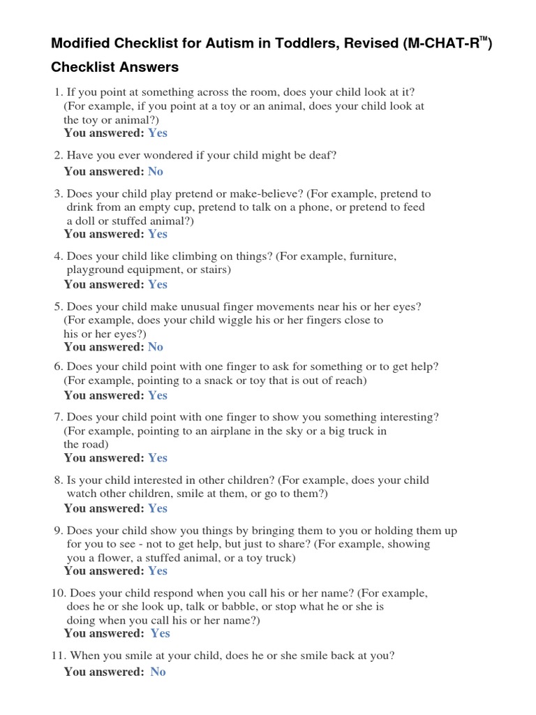 Modified Checklist For Autism in Toddlers, Revised (M-CHAT-R) PDF | PDF ...