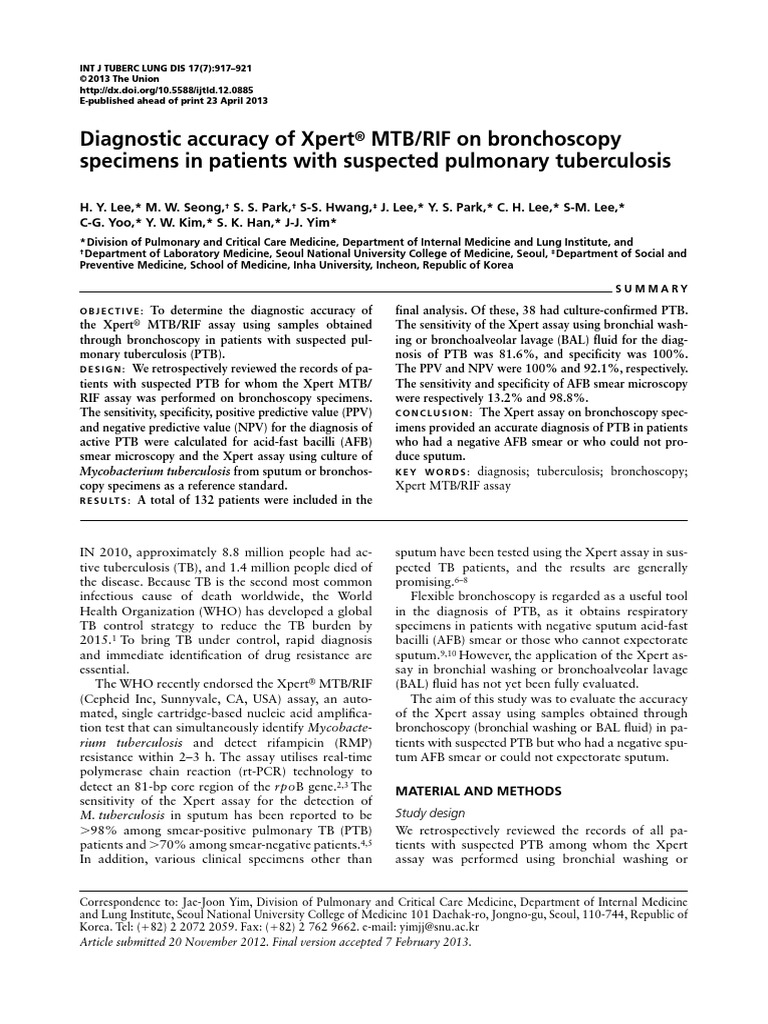 Diagnostic Accuracy of Xpert MTB/RIF On Bronchoscopy Specimens in ...