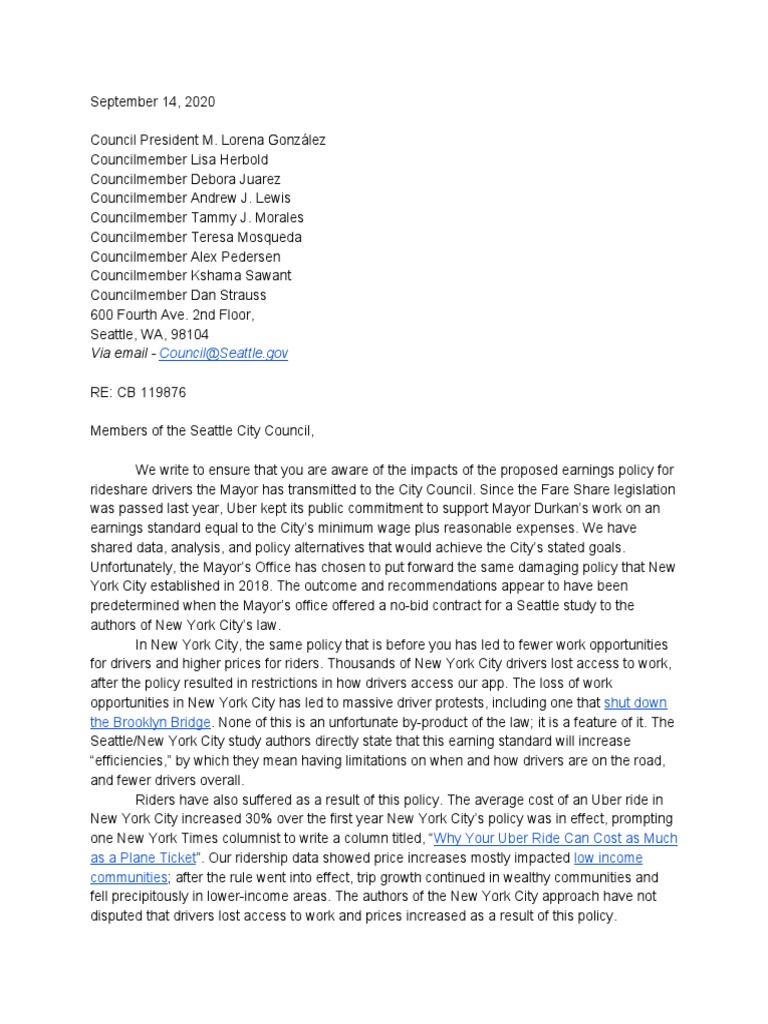 Uber Letter To Seattle City Council | PDF | Privacy | Government