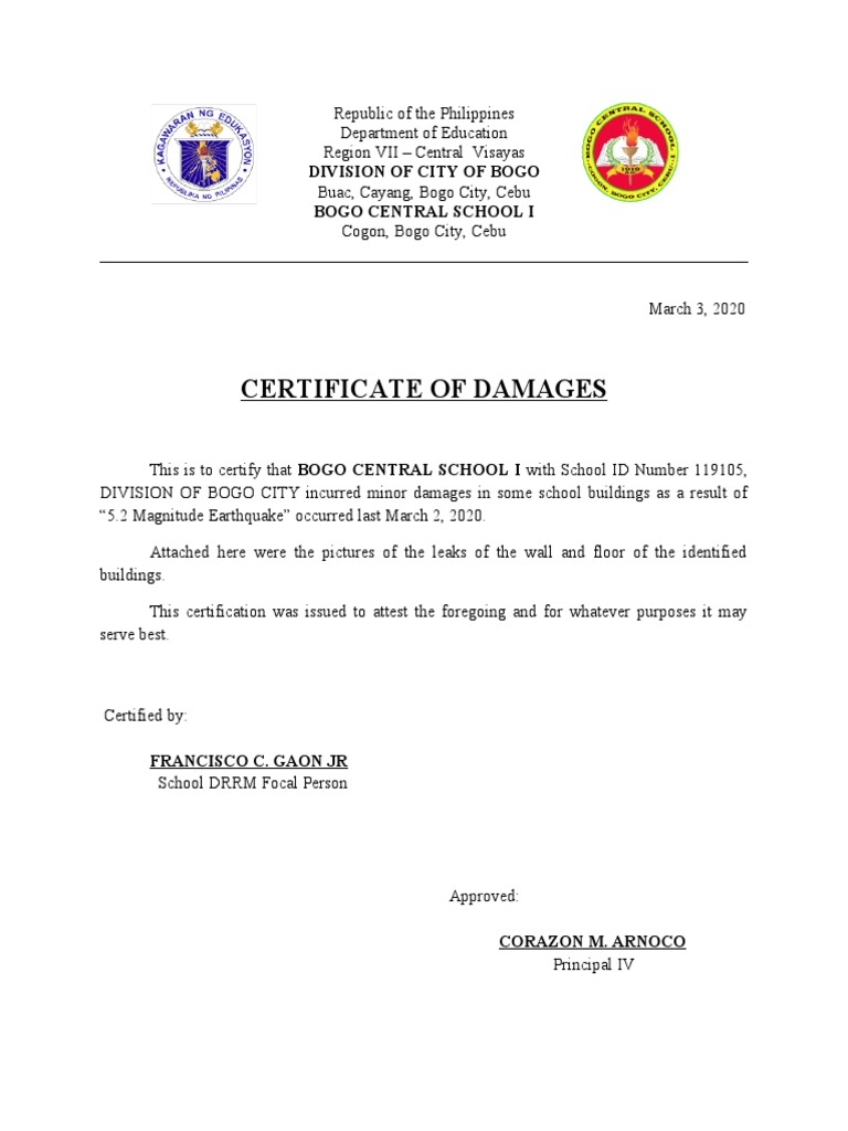 Certificate of Damages: Division of City of Bogo Bogo Central School I ...