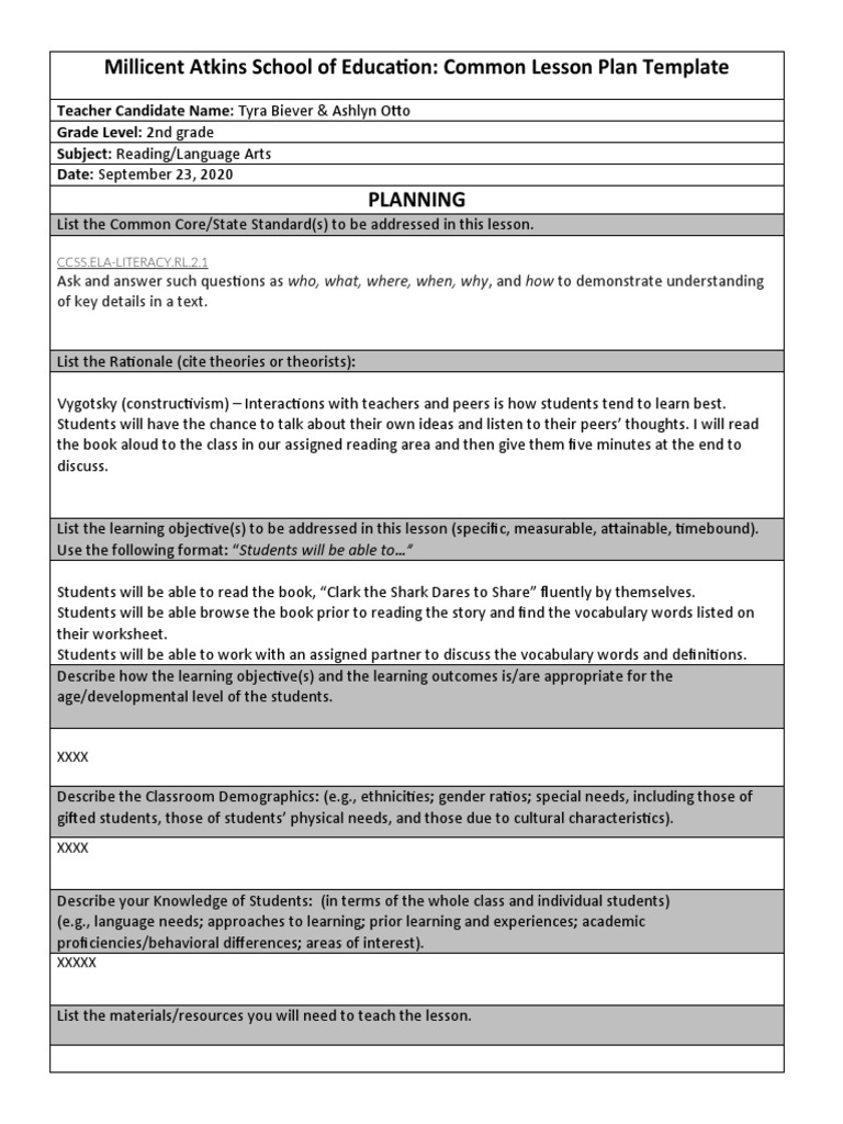 Millicent Atkins School of Education: Common Lesson Plan Template | PDF ...
